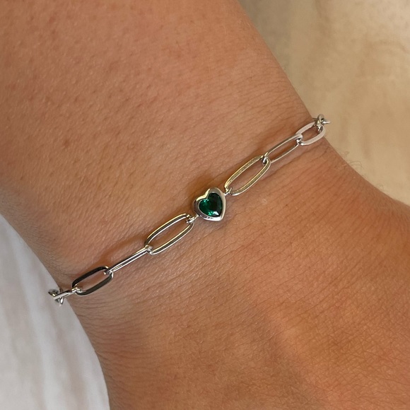 Jewelry | Heart Emerald Bezel Oval Link Chain Bracelet Sterling Silver | Poshmark